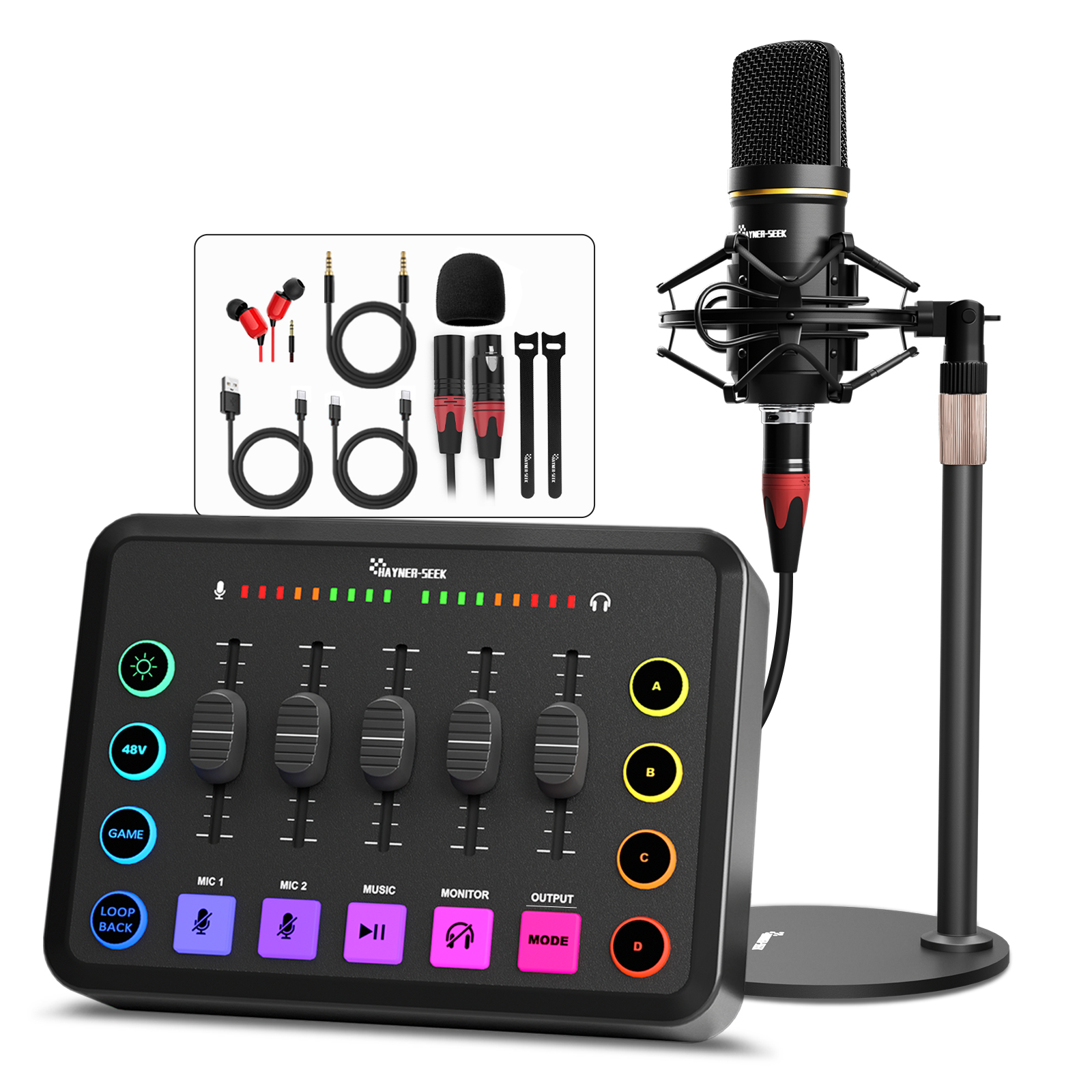 Podcast Equipment Bundle, Gaming Audio Mixer with 48V Podcast ...